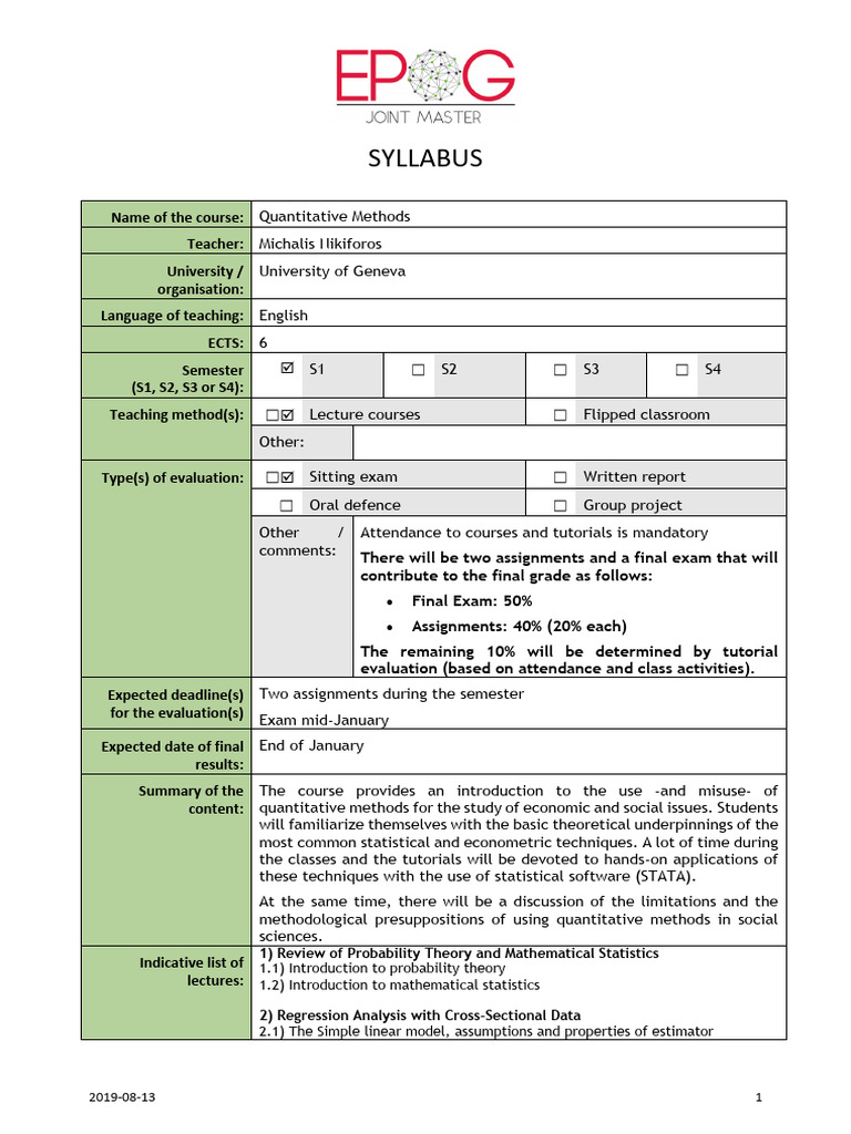 Quantitative Methods Course Syllabus | PDF | Econometrics | Statistics