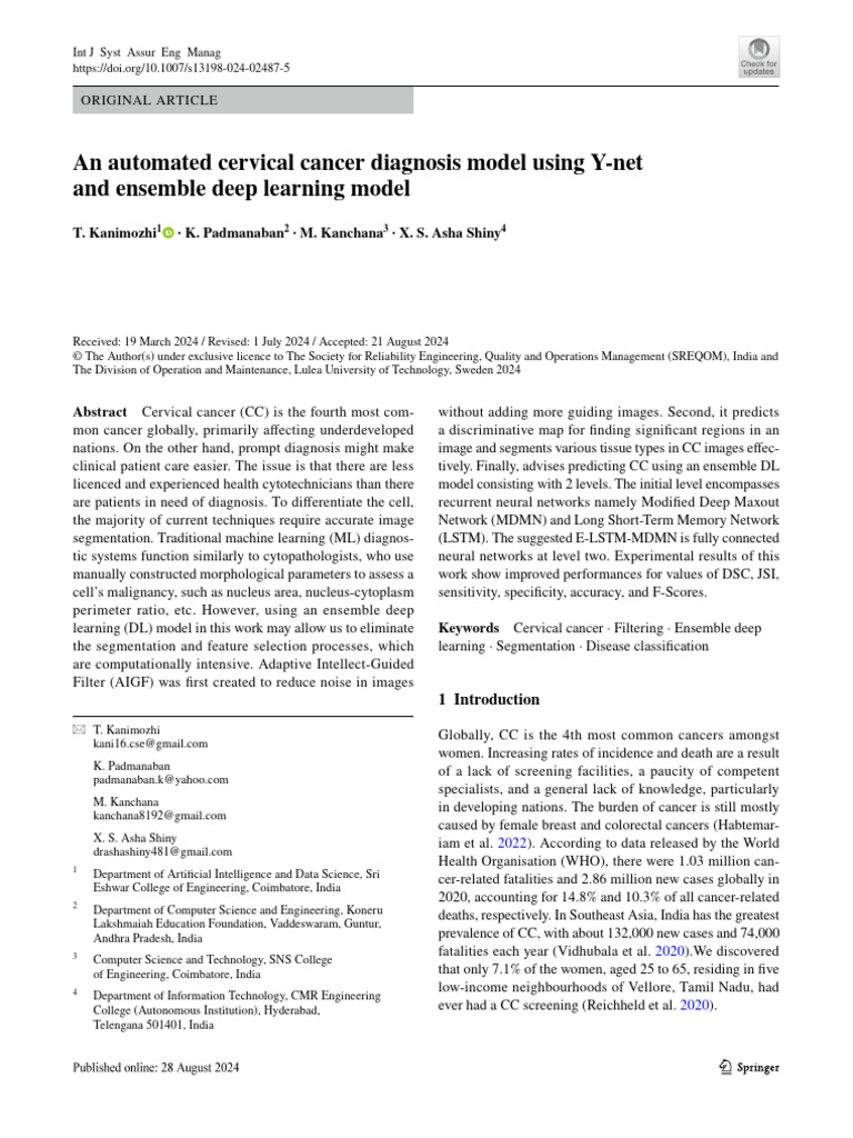 An Automated Cervical Cancer Diagnosis Model Using Y Net and Ensemble ...