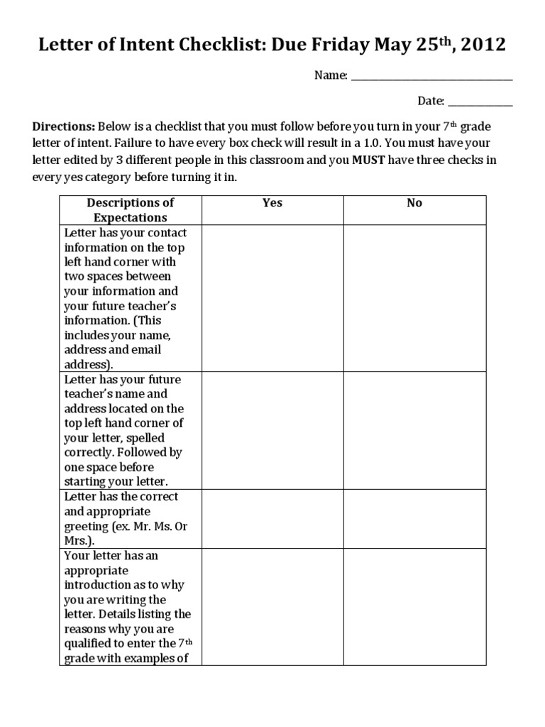 7th Grade Letter of Intent Checklist | PDF