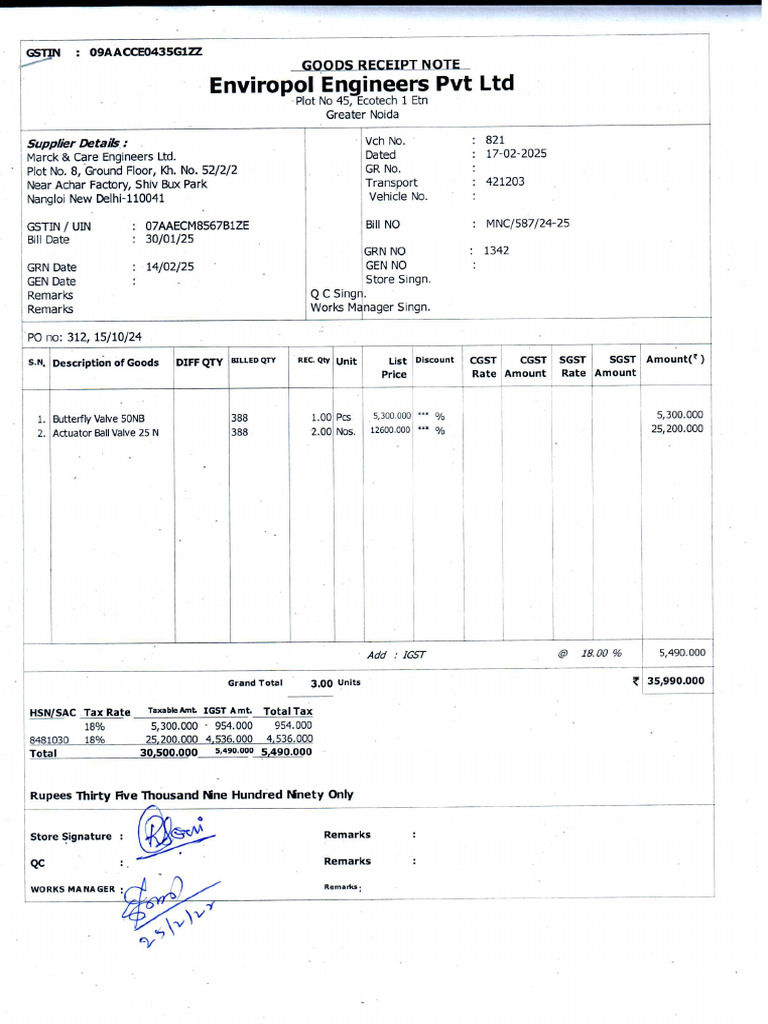 GRN No. 1342 (Invoice No. 587) - Marck & Care 30.01.25 | PDF