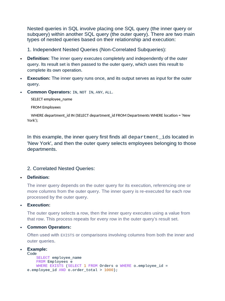 Nested Queries in SQL Involve Placing One SQL Query | PDF | Sql | Data Management Software