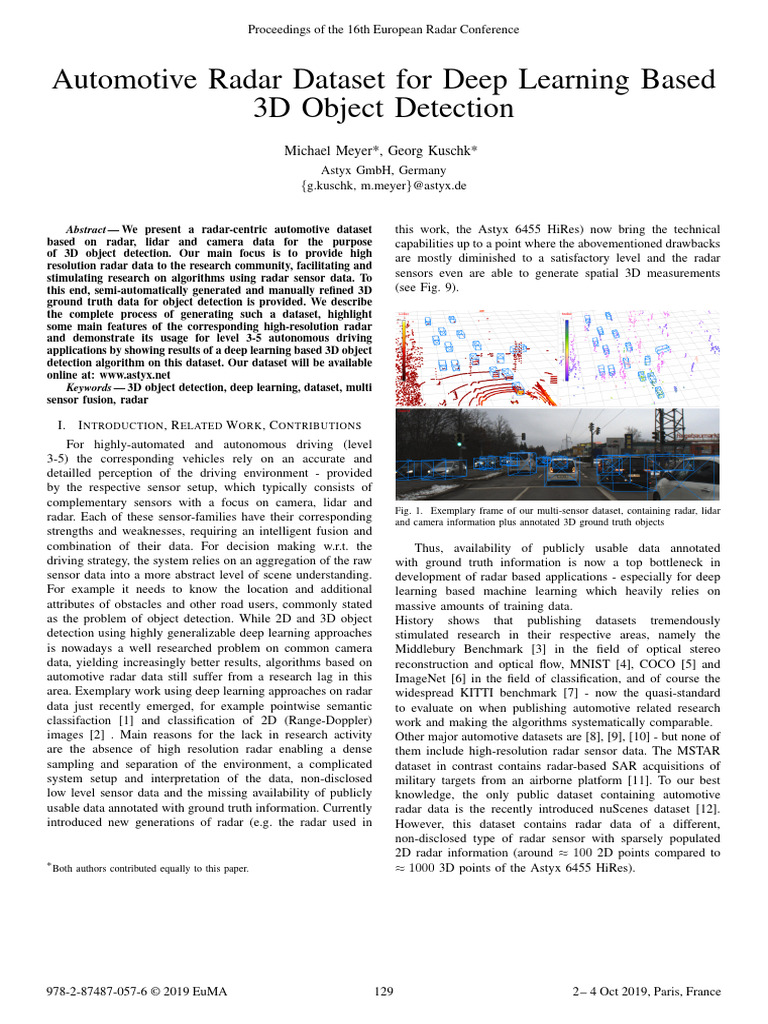 Automotive Radar Dataset For Deep Learning Based 3D Object Detection | PDF | Lidar | Radar