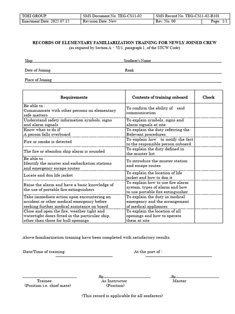 TEG-CS11-02-R101 Records of Elementary Familiarization Training For ...