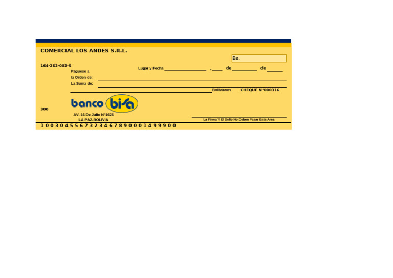 Cheque Banco Bisa - 122156 | PDF