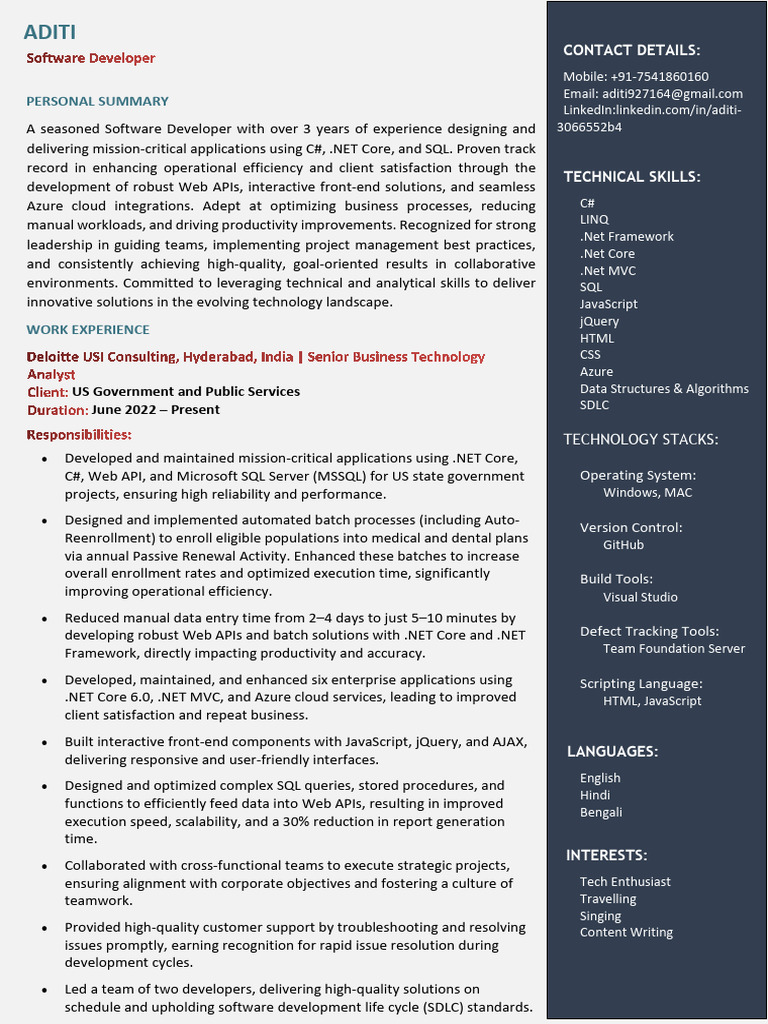 Aditi DotNetDeveloper Deloitte | PDF | Microsoft Sql Server | Microsoft ...