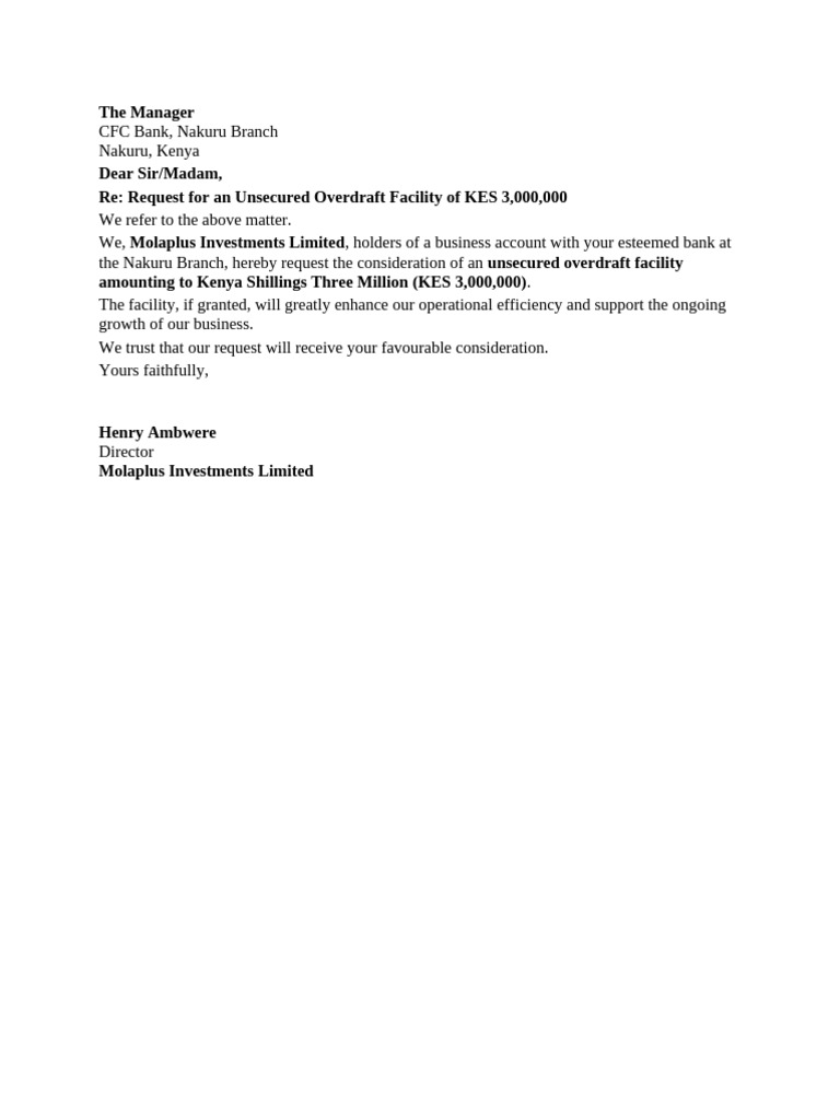 Unsecured Overdraft Request: KES 3M | PDF