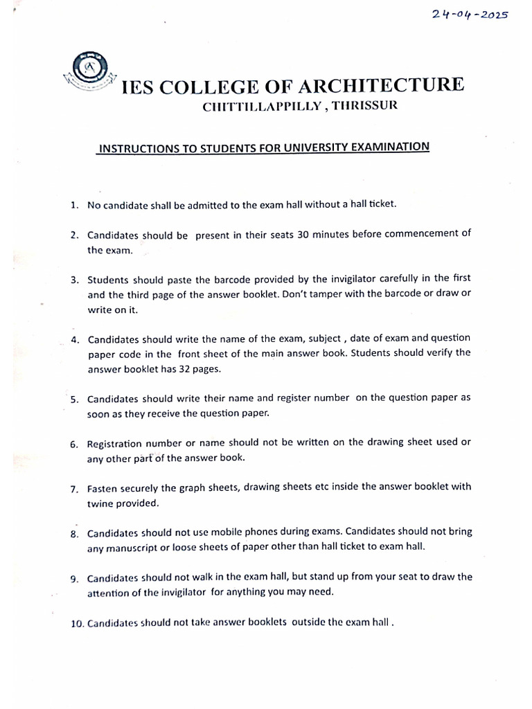 Instructions To Students For University Exam | PDF