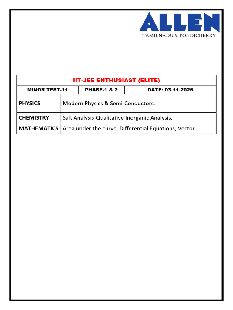 IIT-JEE Elite Minor Test 11 Physics, Chemistry, Math | PDF ...