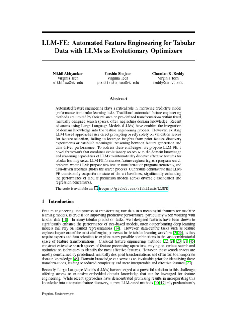 2025 - PRePRINT - LLM-FE Automated Feature Engineering For Tabular Data ...