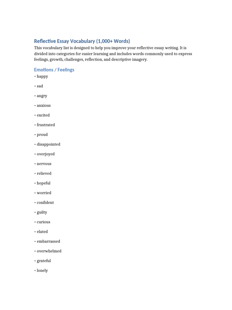 Reflective Essay Vocabulary 1000 | PDF | Reason | Behavioural Sciences