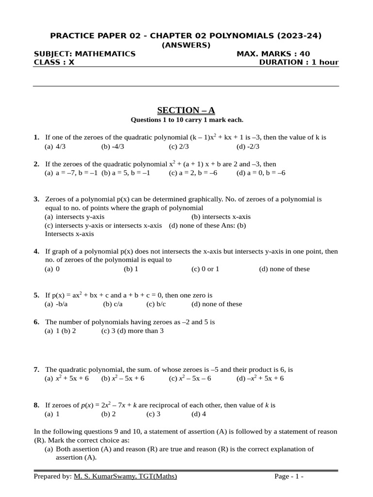 Maths Class x Chapter 02 Polynomials Practice Paper 02 Answers 1 | PDF ...