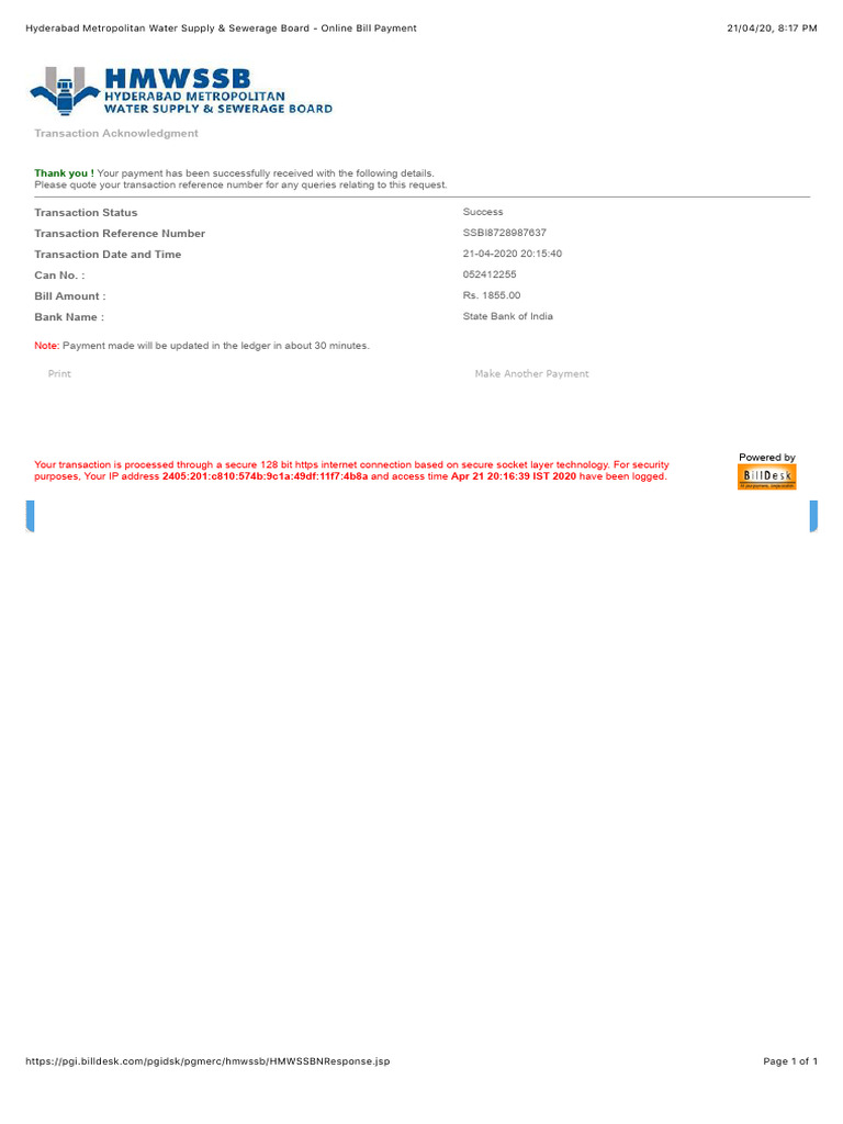 HMWSSB Online Bill Payment Confirmation | PDF