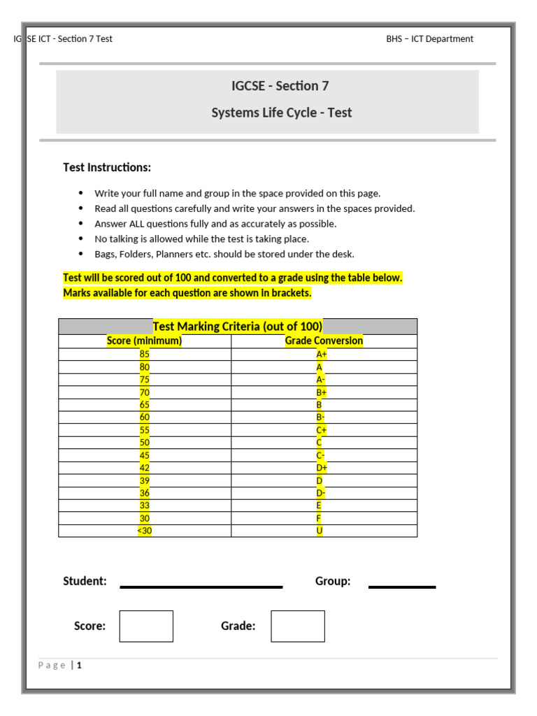 IGCSE ICT Systems Life Cycle Test | PDF