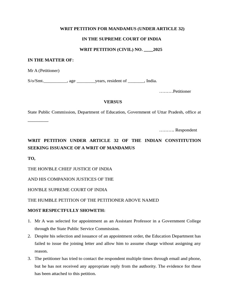 Writ Petition For Mandamus | PDF | Mandamus | Writ