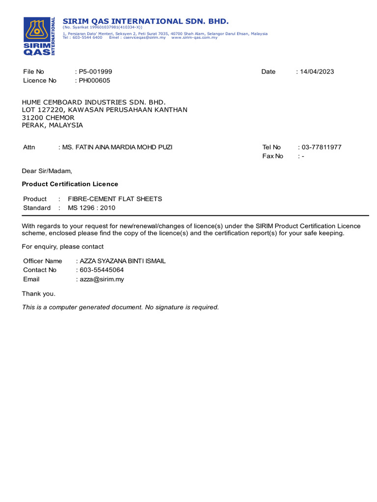 SIRIM Product Certification for Hume Cemboard | PDF | Malaysia