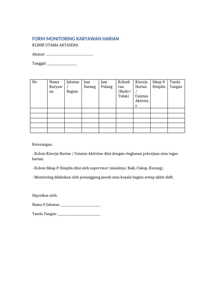 Form Monitoring Karyawan Harian Klinik Artasena | PDF