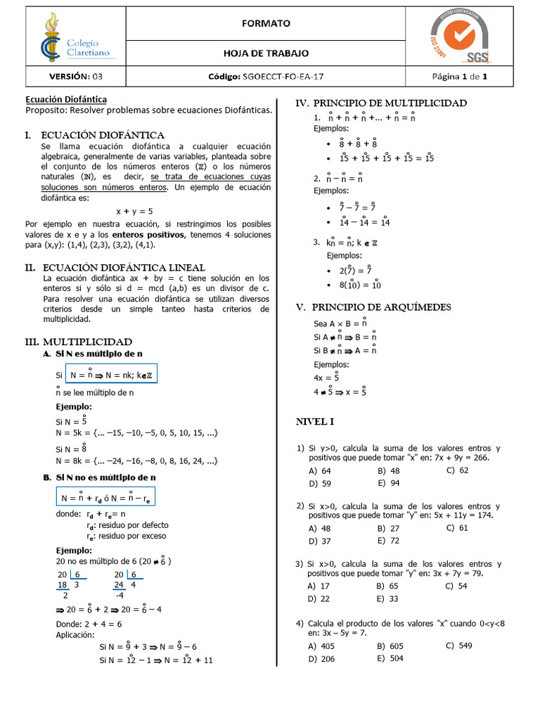 (1 2 3) HojaTrab4° Ecua Diof | PDF | Ecuaciones | Matemática Elemental