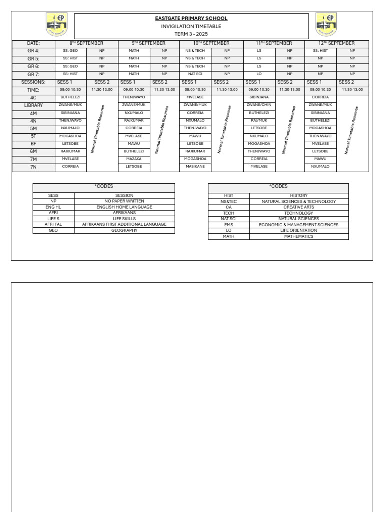 INVIGILATION TIMETABLE TERM 3 2025 PDF | PDF