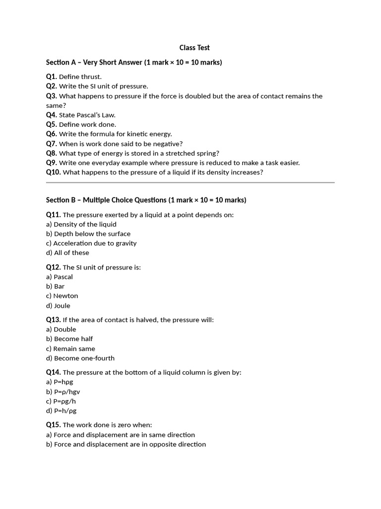 Class Test on Pressure and Work Concepts | PDF | Pressure | Force