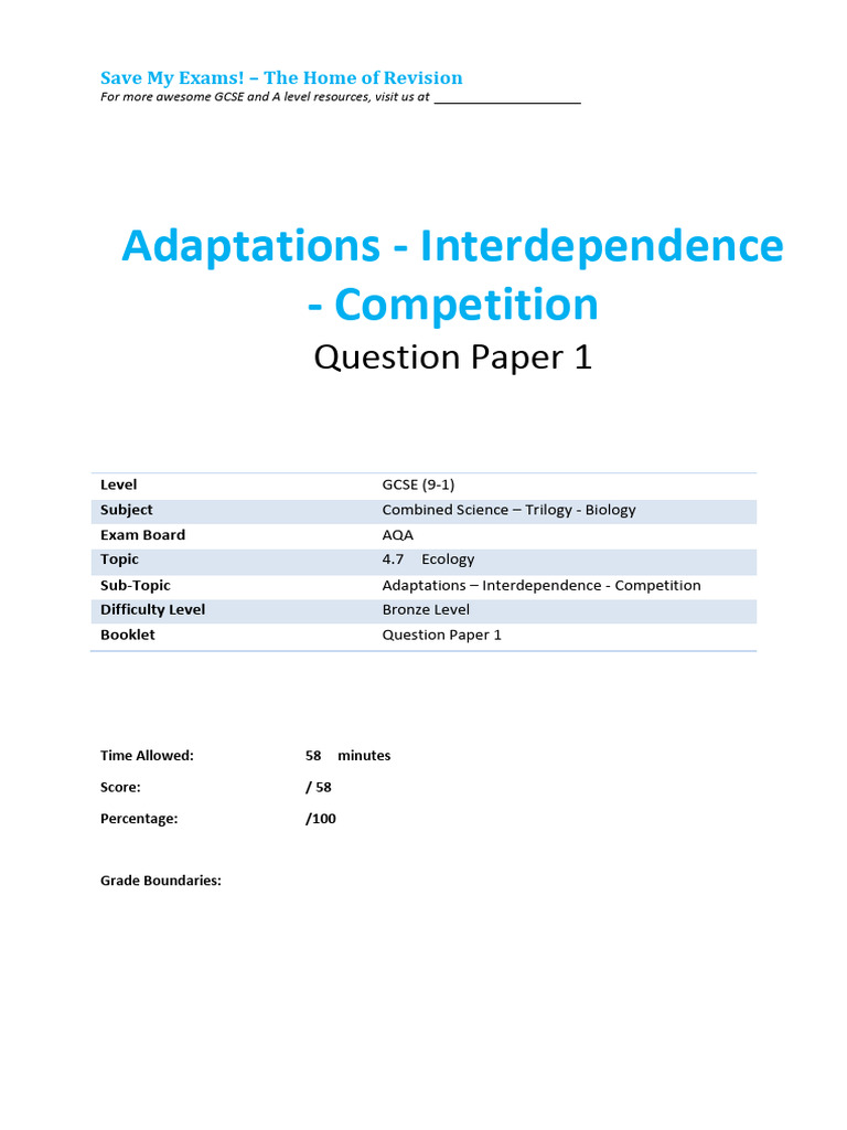 4.7 Adaptations Interdependence Competition Low Demand Qp1 Aqa Gcse Combined Science Biology ...