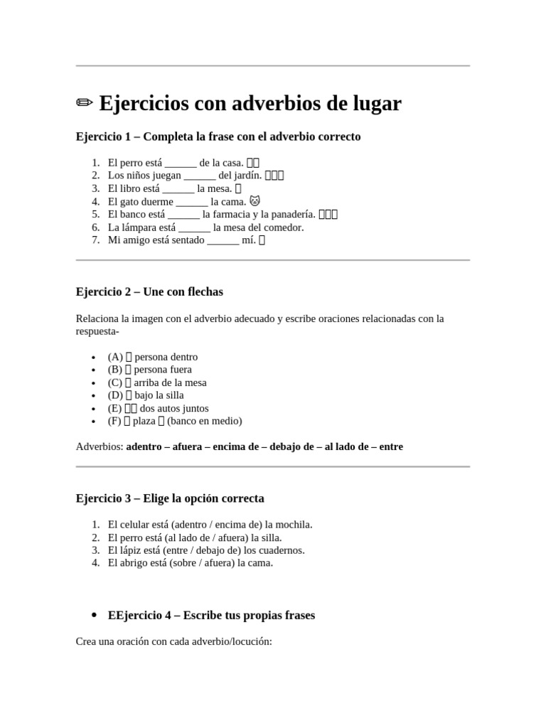 Ejercicios de adverbios de lugar | PDF