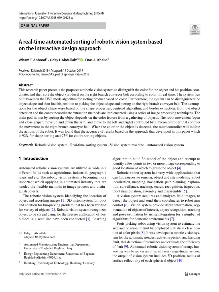A Real Time Automated Sorting of Robotic Vision System Based | PDF ...
