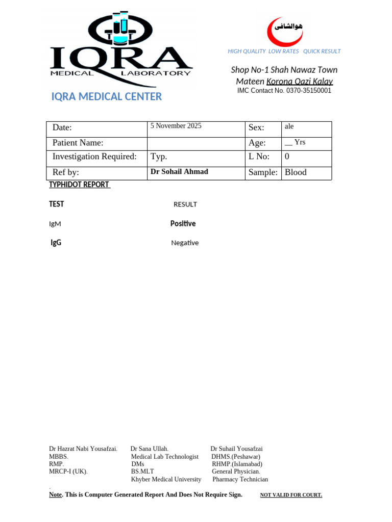 Typhidot Test Report - IQRA Medical Center | PDF