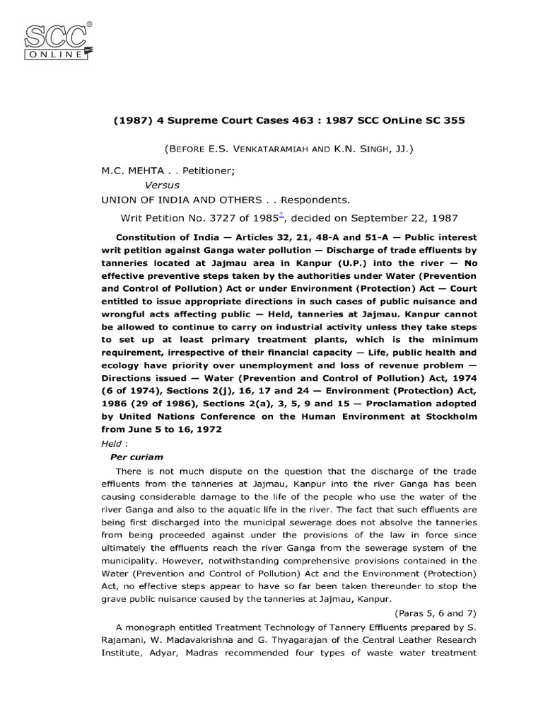 M.C. Mehta v. Union of India (Kanpur Tanneries - 22-9-87), (1987) 4 SCC ...