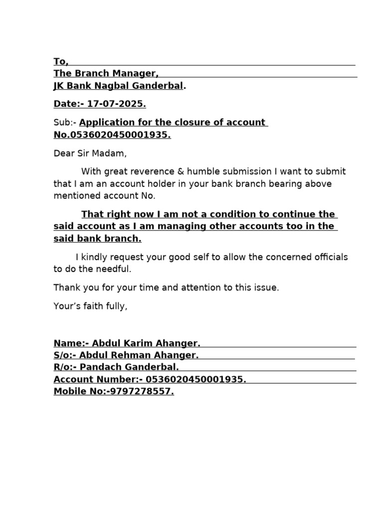 Closure Request for JK Bank Account | PDF