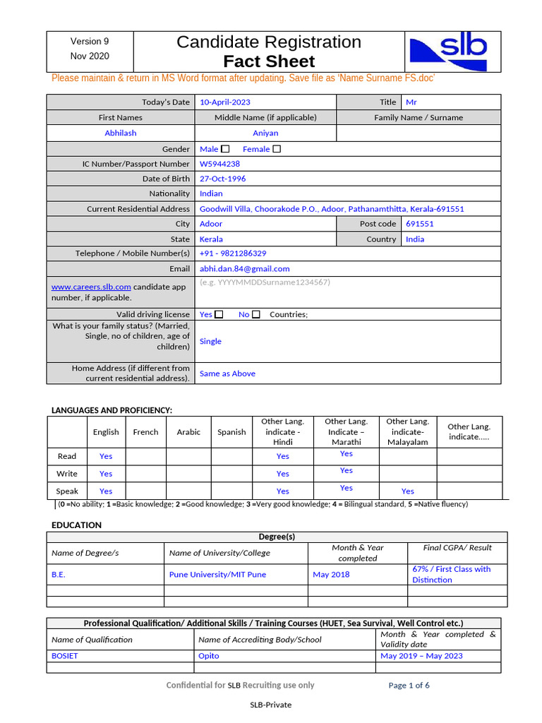 SLB Candidate Registration Fact Sheet | PDF | Employment | Business