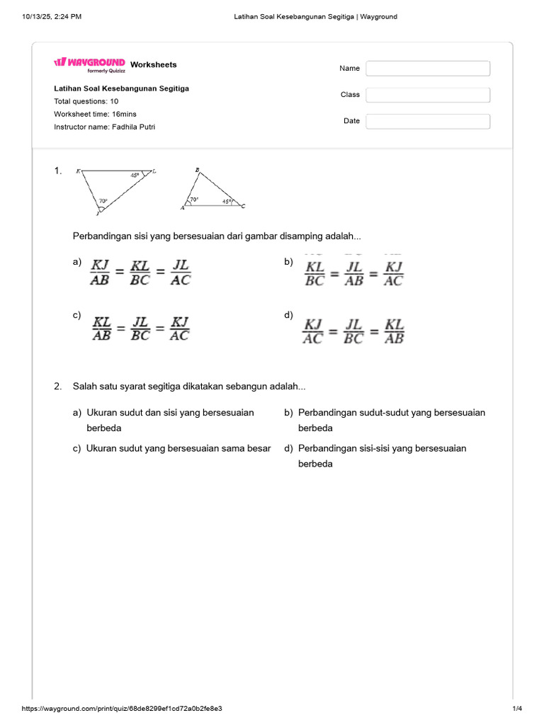 Latihan Soal Kesebangunan Segitiga _ Wayground | PDF