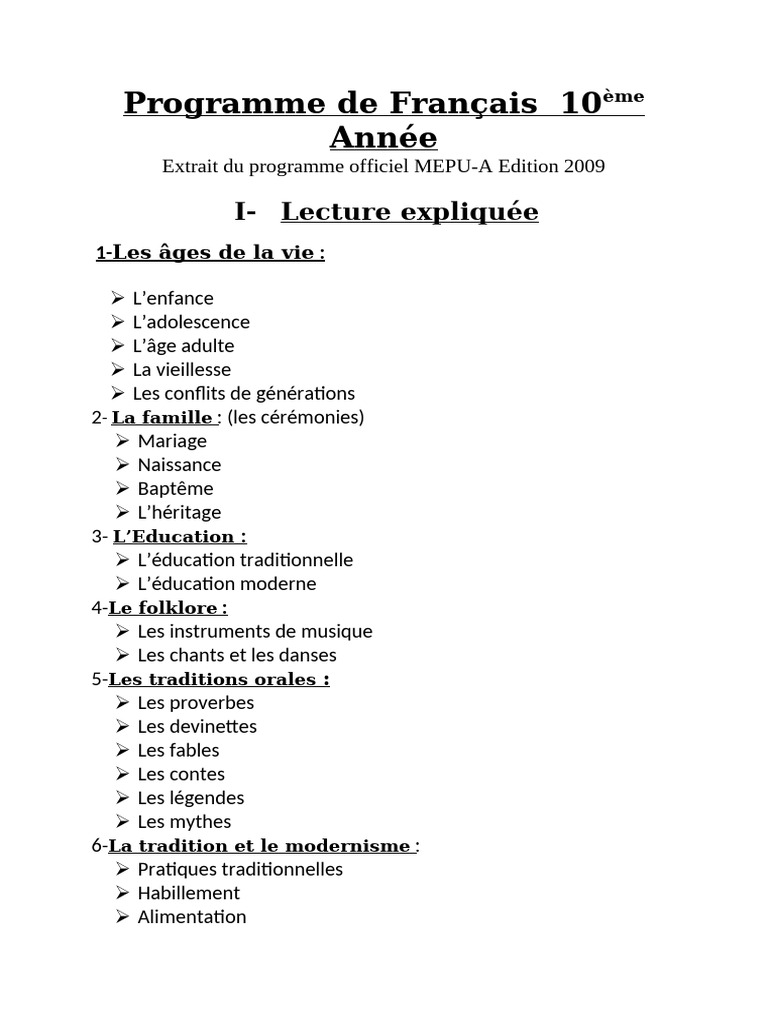 Programme de Français 10ème Année | PDF | Clause | Phrase