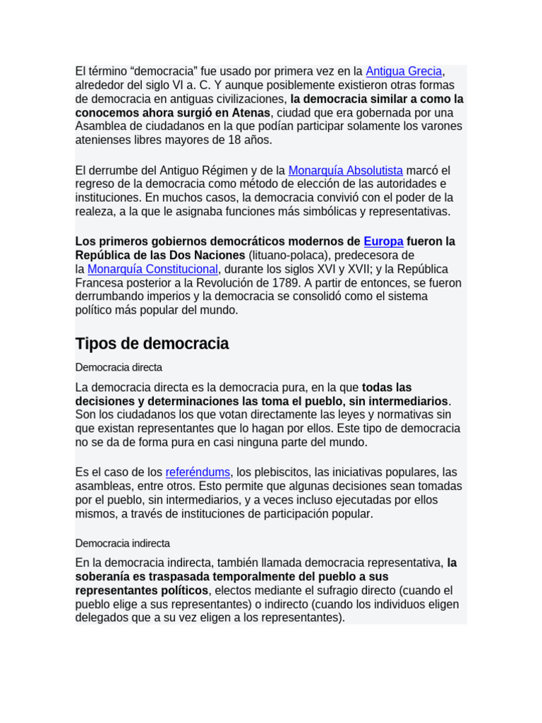 Historia y Tipos de Democracia | PDF | Democracia | Ideologías políticas