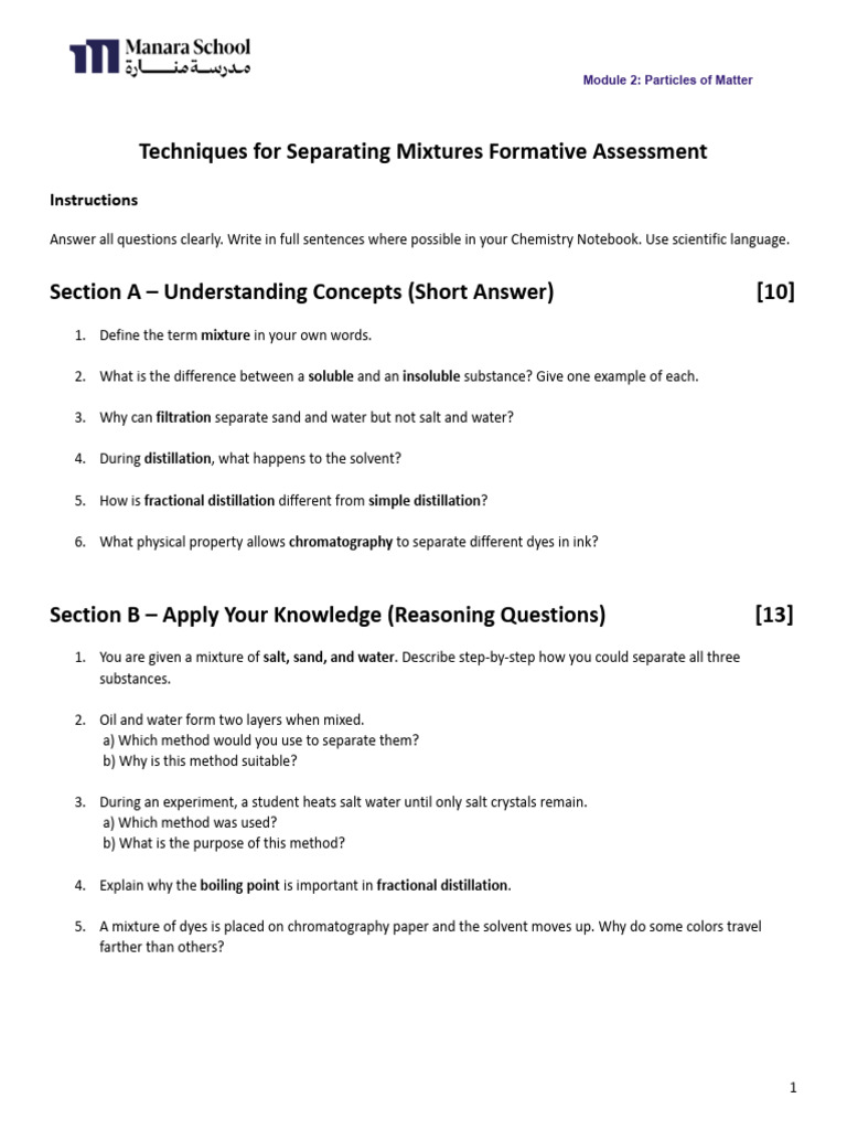 Separation Techniques Formative Assessment | PDF | Filtration | Distillation