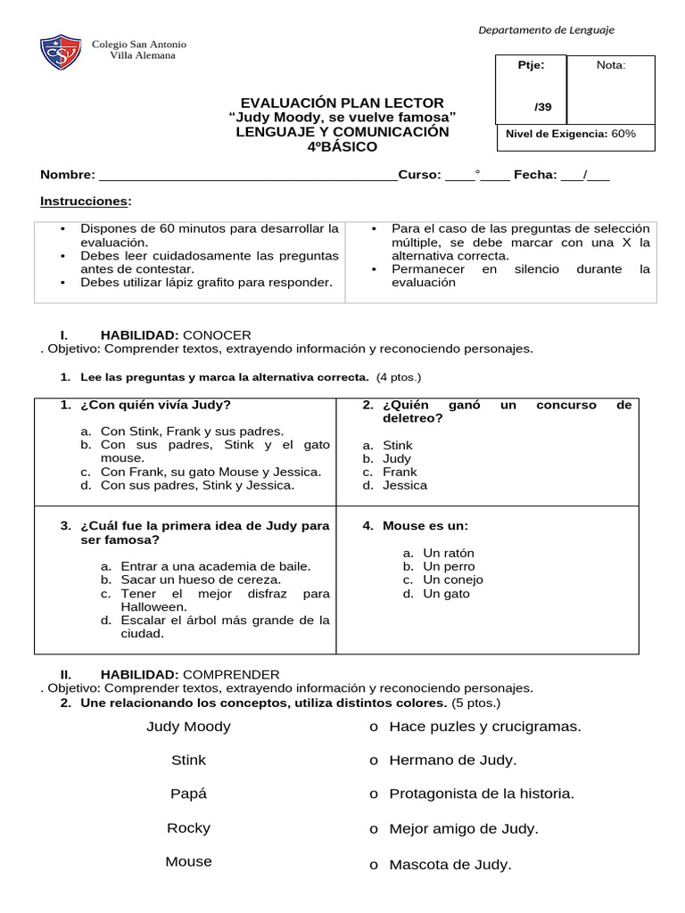 LENGUAJE 4° - JUDY MOODY SE VUELVE FAMOSA Corregir | PDF
