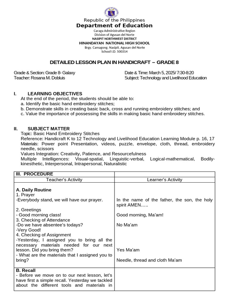 Detailed Lesson Plan in Handicraft | PDF | Embroidery | Textile Arts