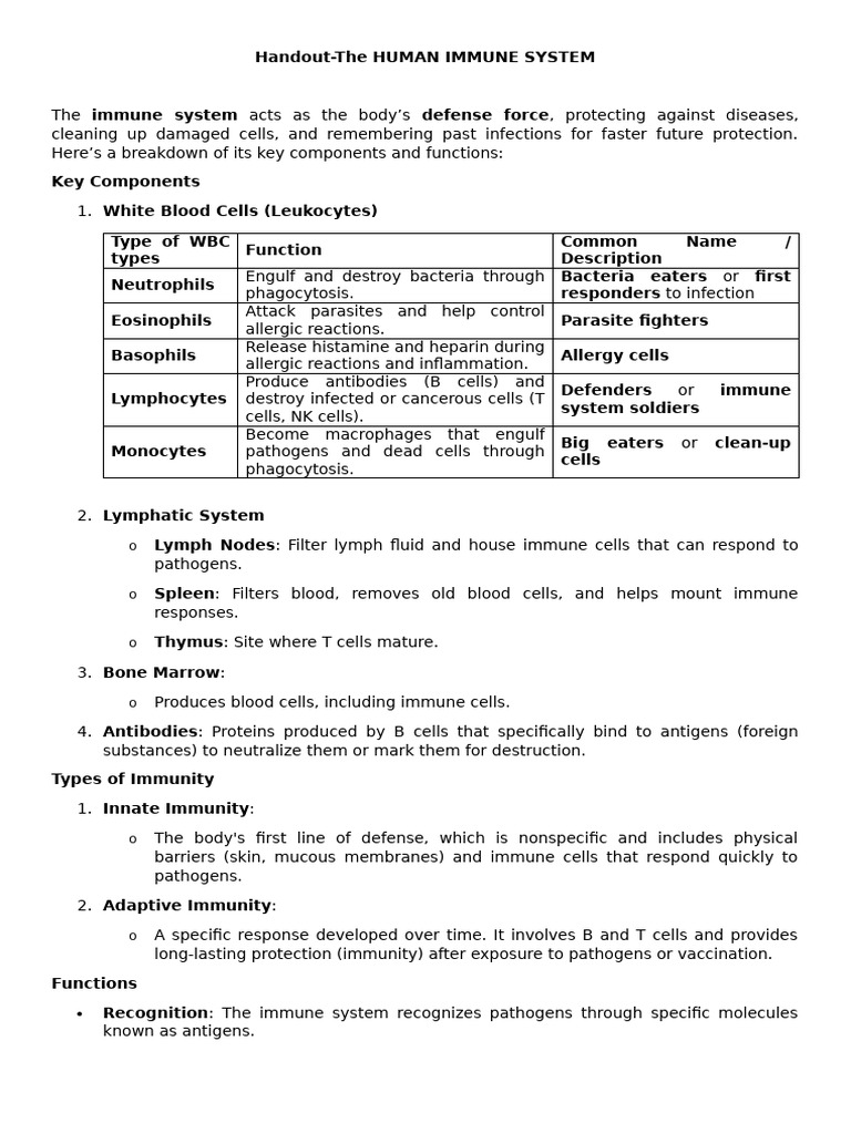 Handout The HUMAN IMMUNE SYSTEM | PDF | Immune System | White Blood Cell