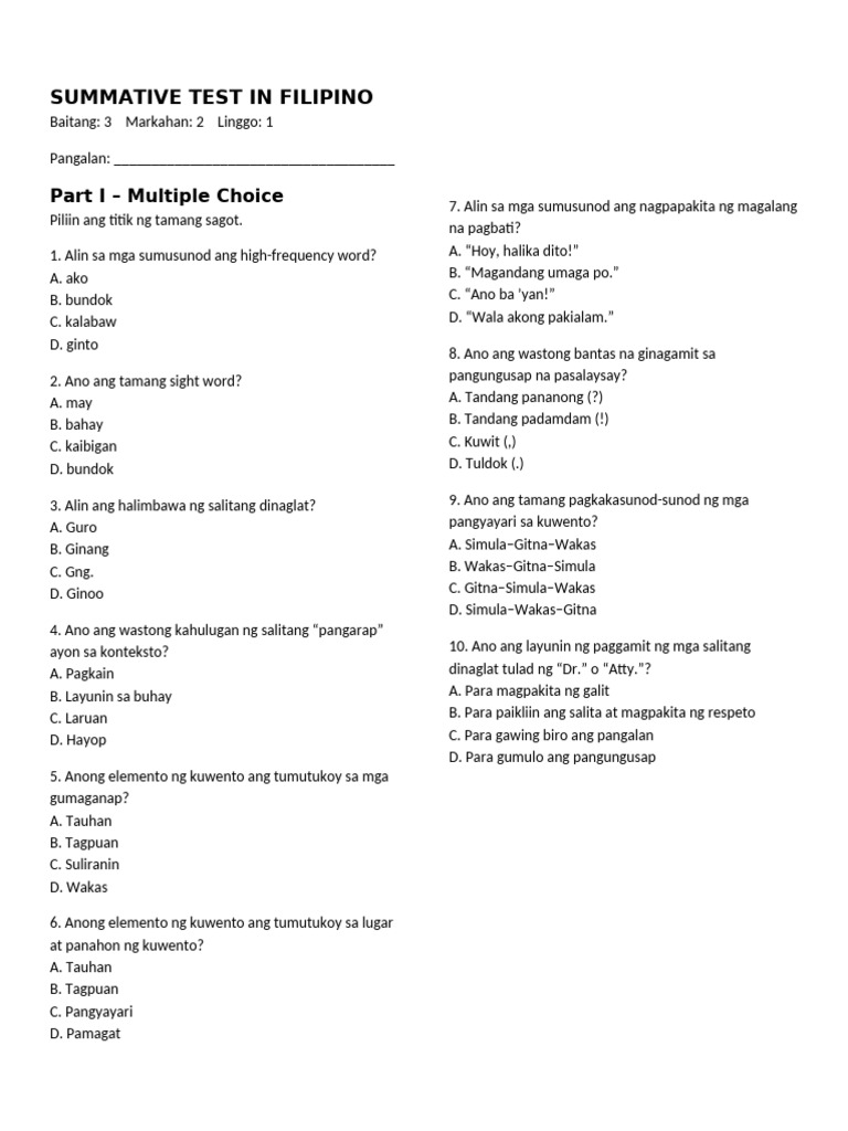 Q2-Smmative Test Filipino-Wk 1-2 | PDF