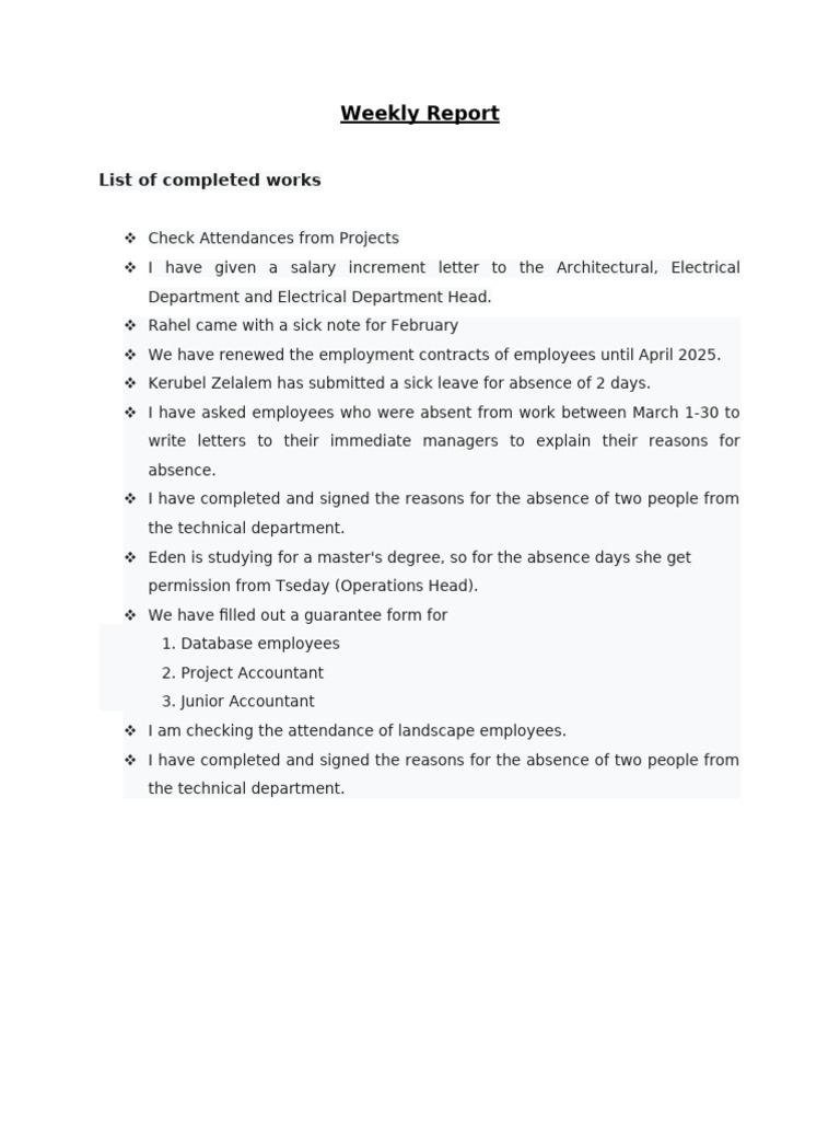 Weekly Report: List of Completed Works | PDF
