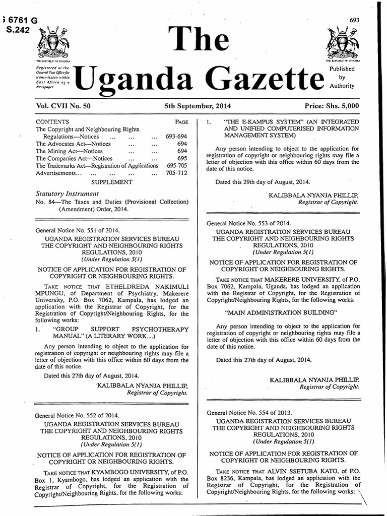 Ug Government Gazette Dated 2014-09-05 No 50 | PDF | Confectionery ...