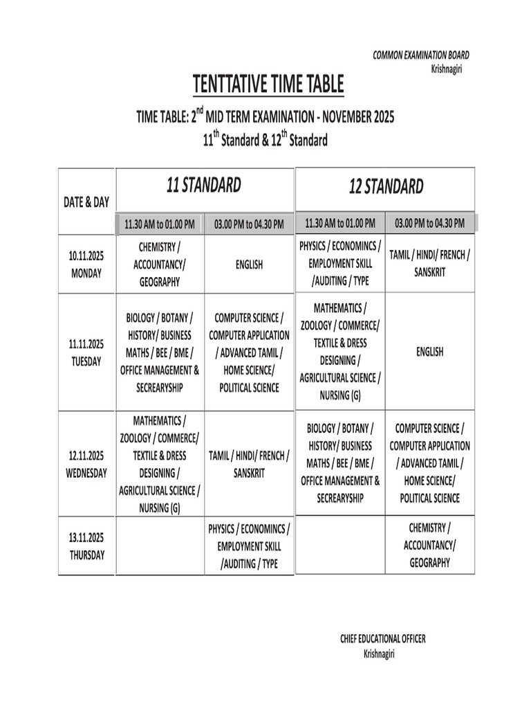Krishnagiri Tentative Time Table | PDF