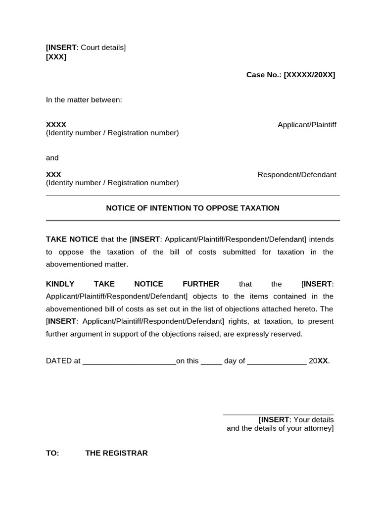 Notice of Intention to Oppose Taxation | PDF