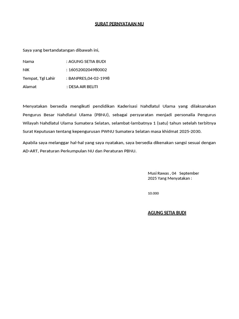 Surat Pernyataan Kaderisasi PBNU | PDF