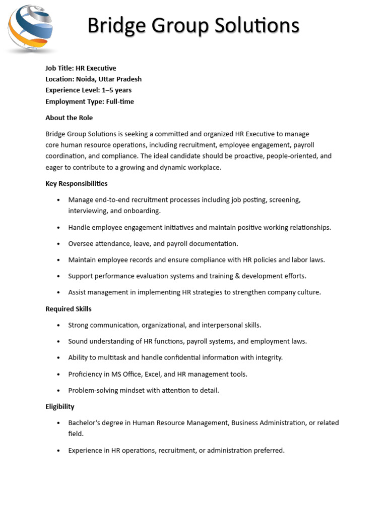 HR Executive Position at Bridge Group | PDF
