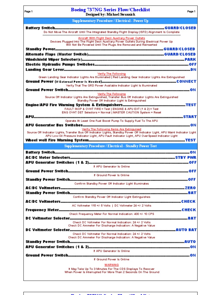 Boeing 737NG Normal Flow Checklist Cards