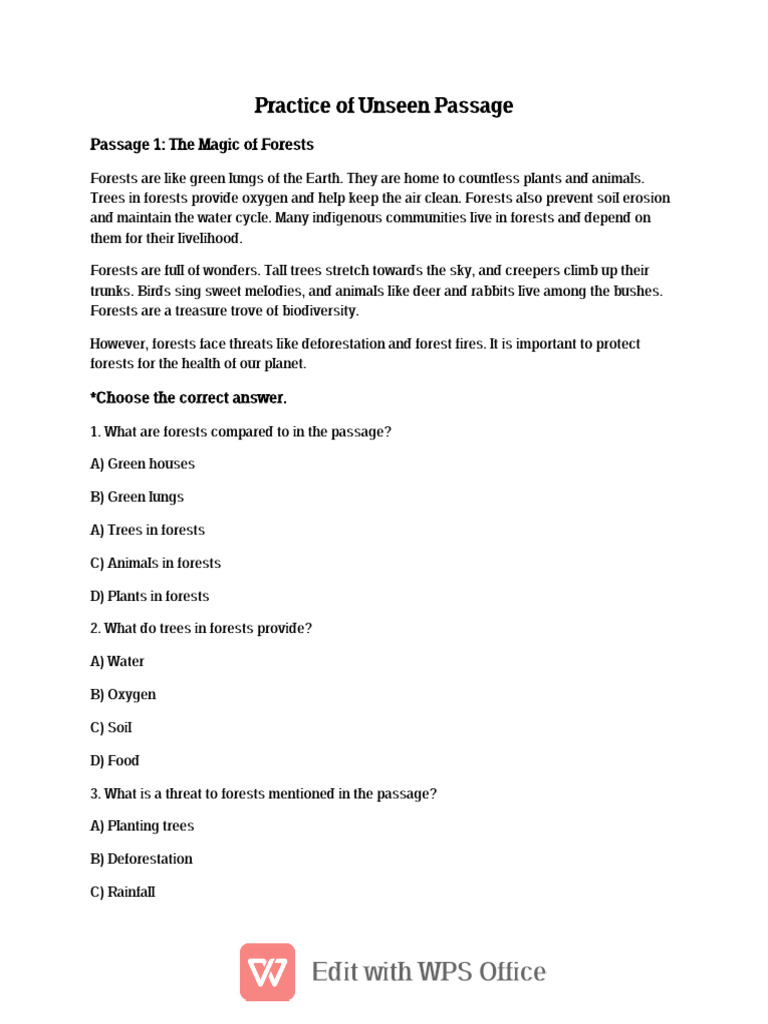 Unseen Passages Practice | PDF | Forests | Deforestation