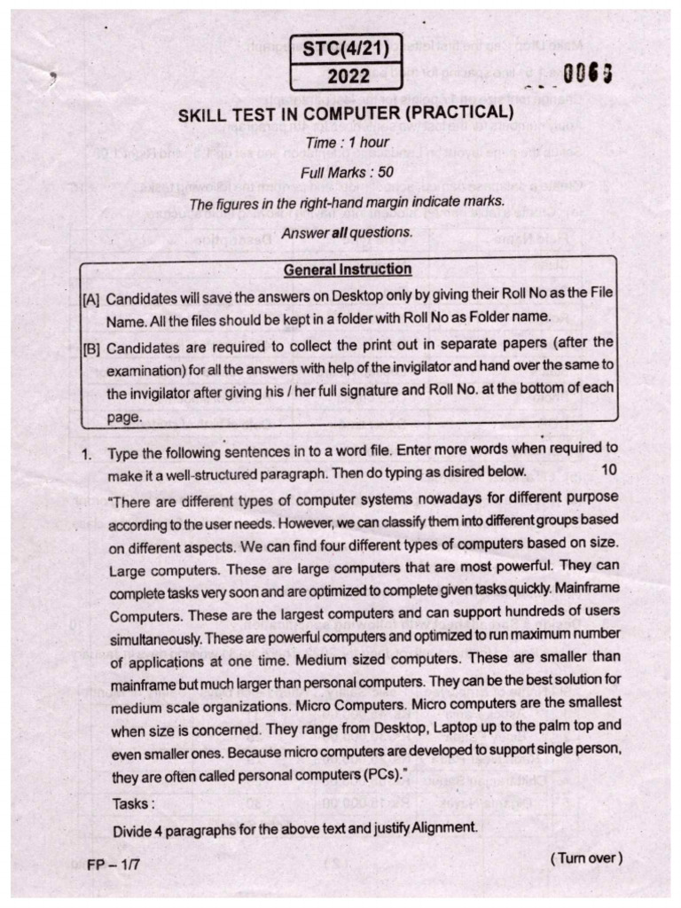 2021 22 Skill Test Question Paper | PDF