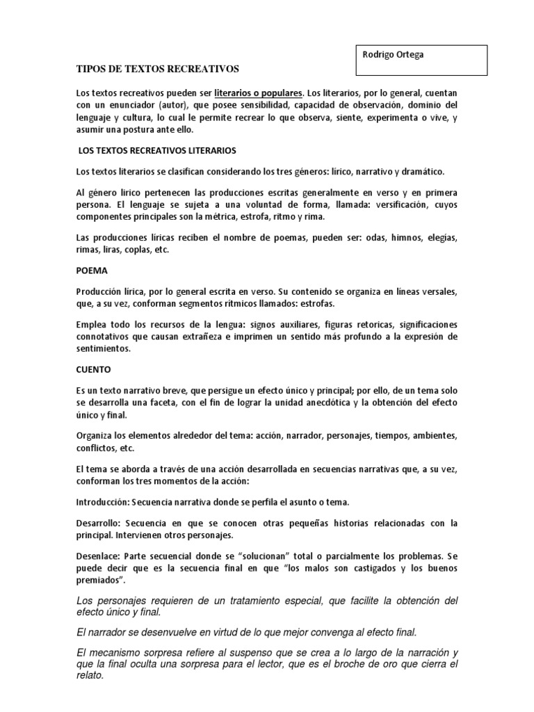 Tipos de Textos Recreativos Literarios | PDF | Metro (poesía) | Poesía