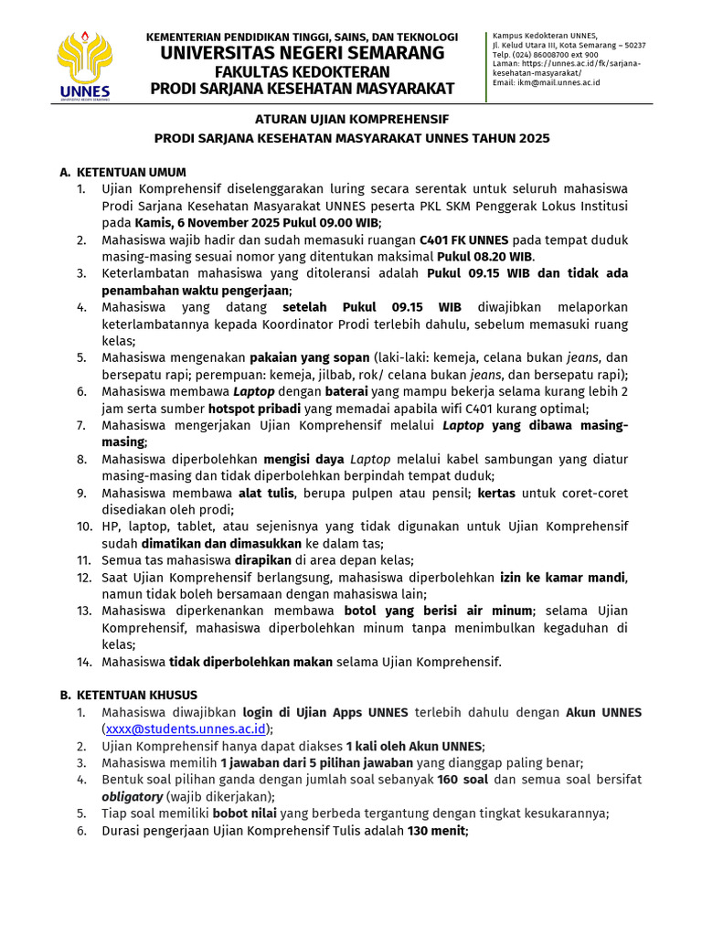 Aturan Ujian Komprehensif Prodi Kesmas FK UNNES 2025 | PDF