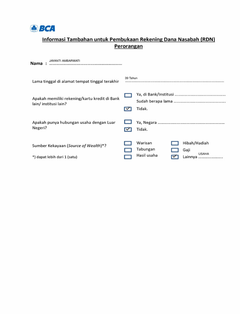 Form Tambahan BCA | PDF